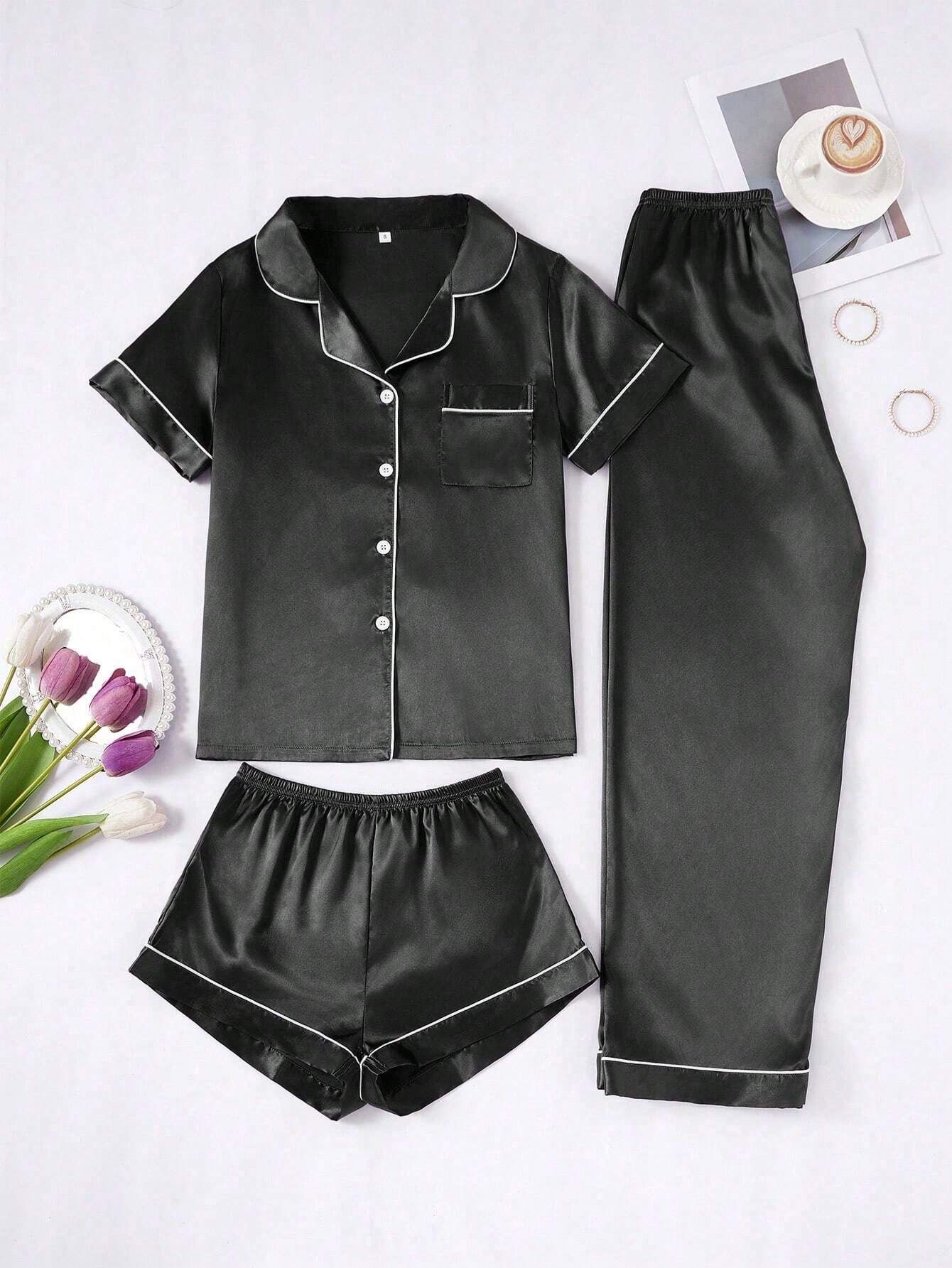 3pcs/Set Women's Contrast Trim Solid Color Faux Silk Collared Pajama S ...