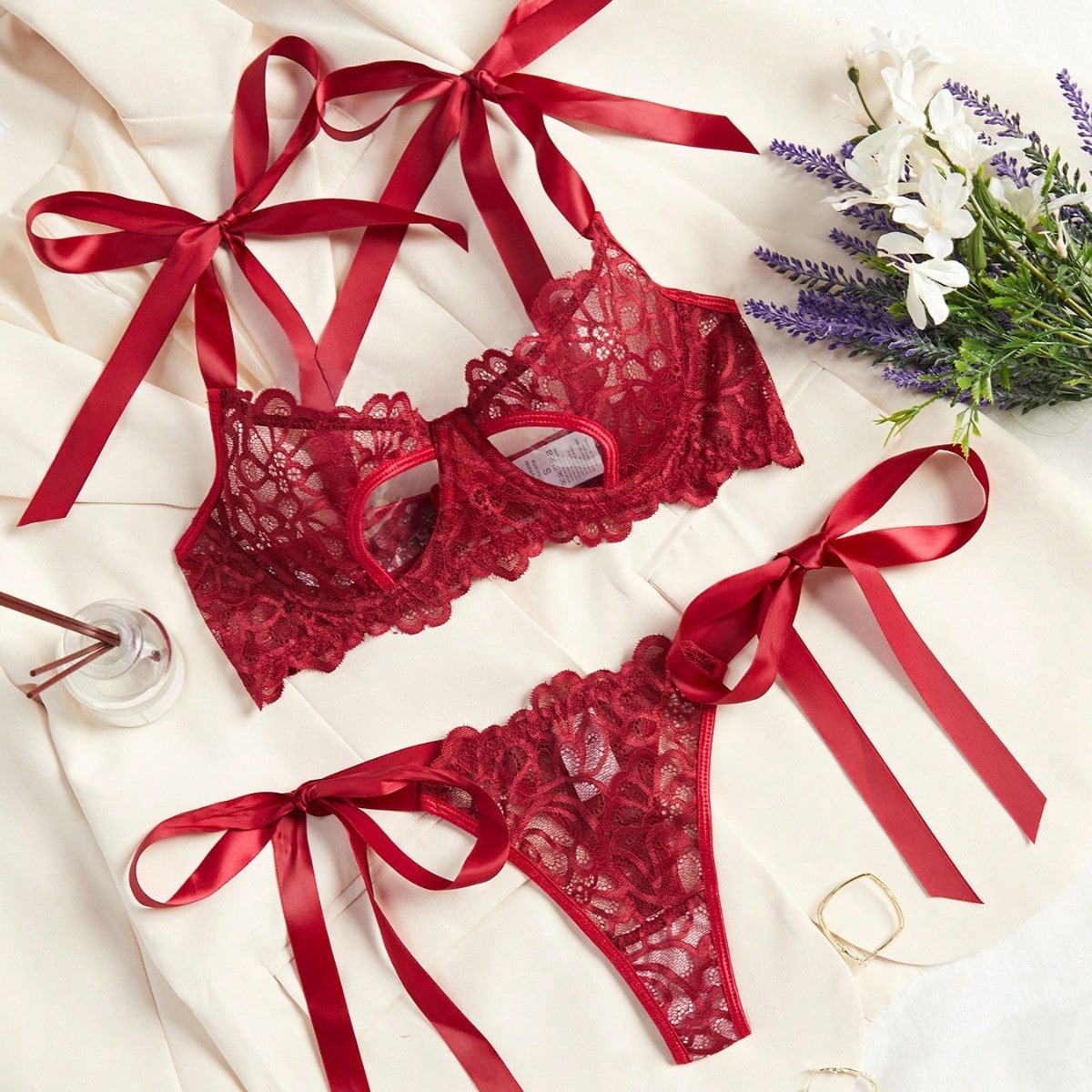 Hot Selling French Lace Bra With Steel Ring Three-Point Bow Tie And Li ...